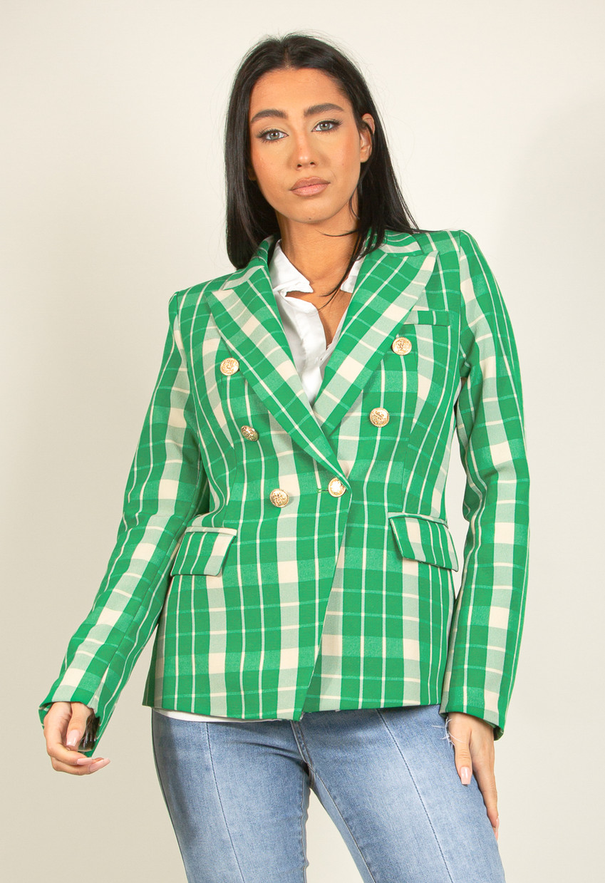 Green Check Print Double Breasted Blazer- Buy Fashion Wholesale in The UK