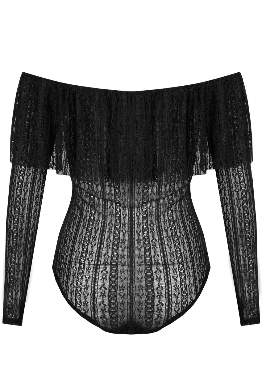 Lace Mesh Trim Frilled Bodysuit - Buy Fashion Wholesale in The UK