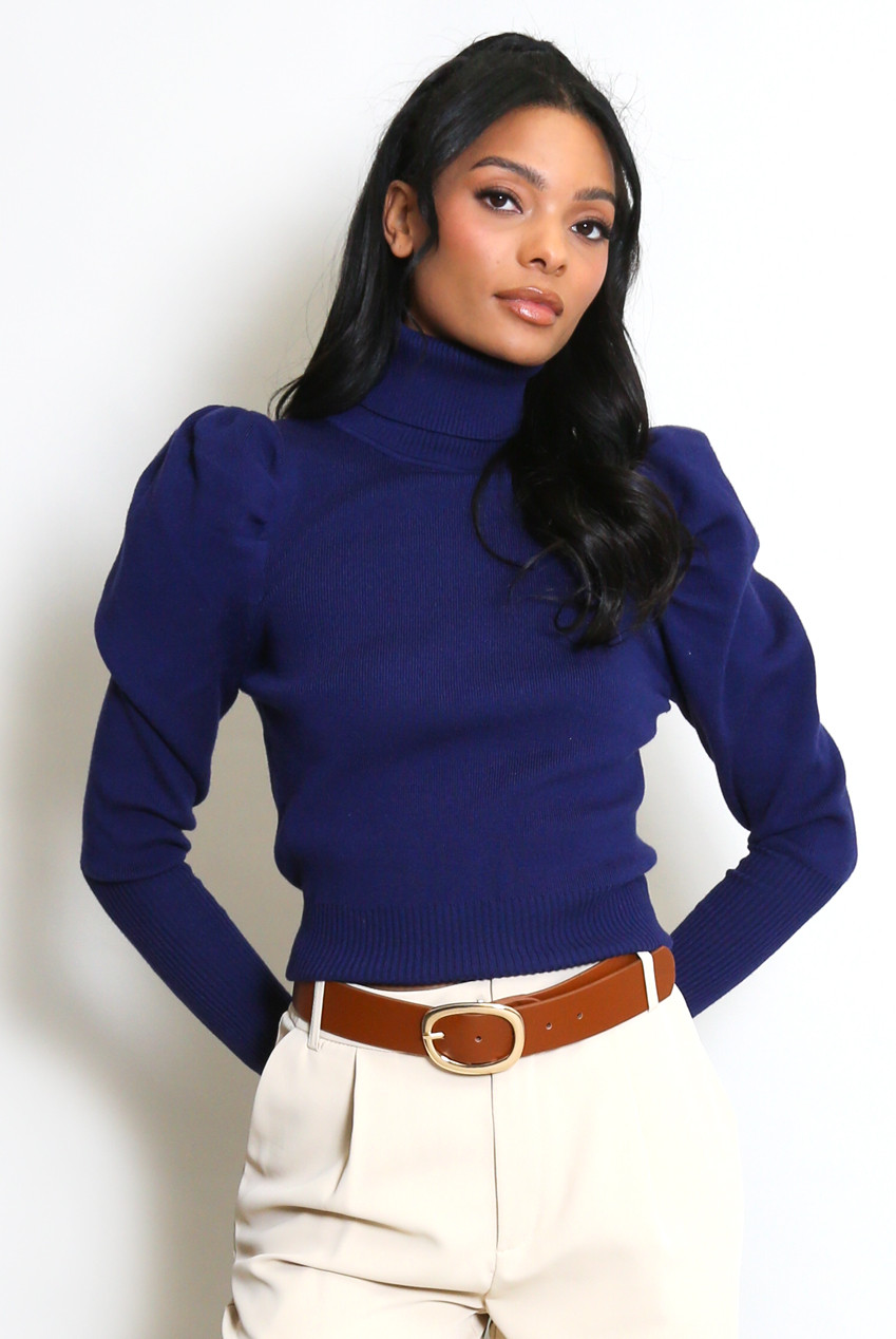 High Neck Puff Sleeve Ribbed Jumper - Buy Fashion Wholesale in The UK