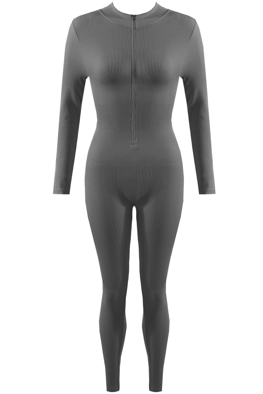 Ribbed High Neck Zip Front Unitard - Buy Fashion Wholesale in The UK