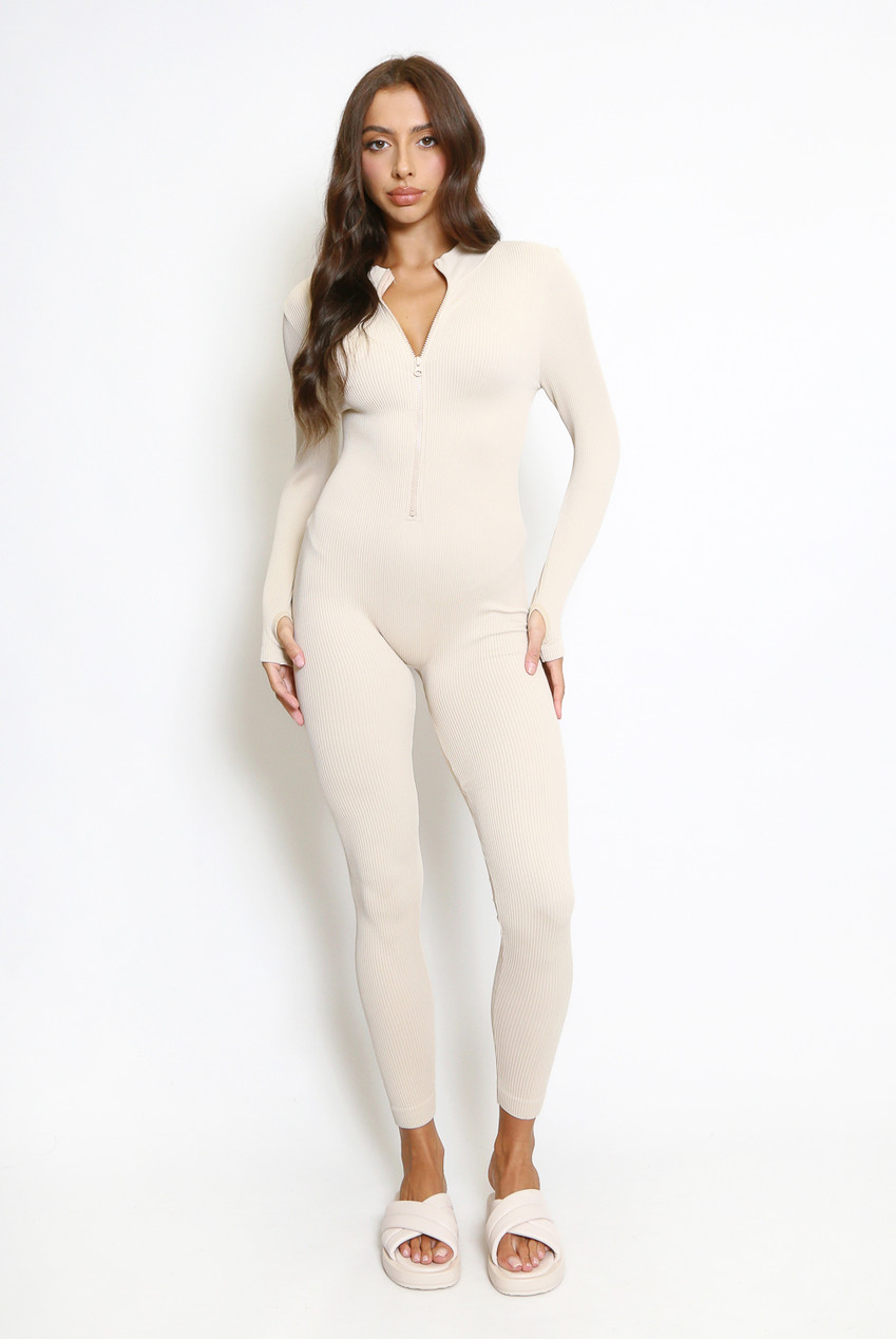 Ribbed High Neck Zip Front Unitard - Buy Fashion Wholesale in The UK