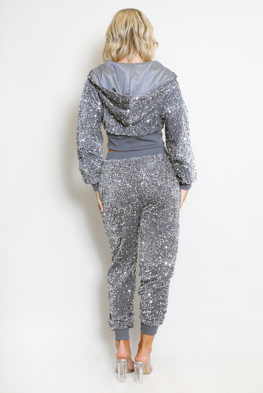 Sequin Cropped Hoodie And Joggers Set - Buy Fashion Wholesale in The UK