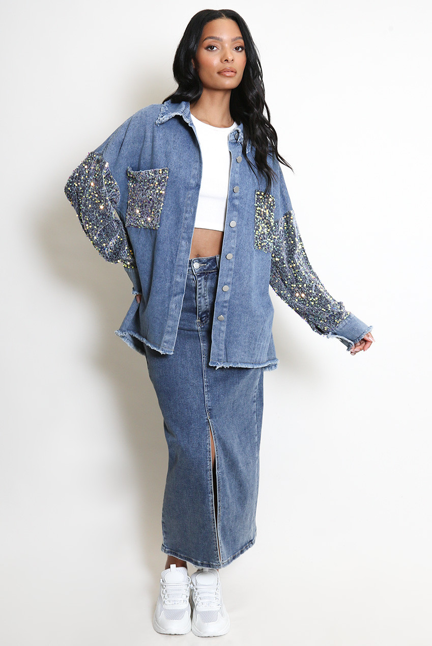 Sequin Sleeve Denim Shacket - Buy Fashion Wholesale in The UK