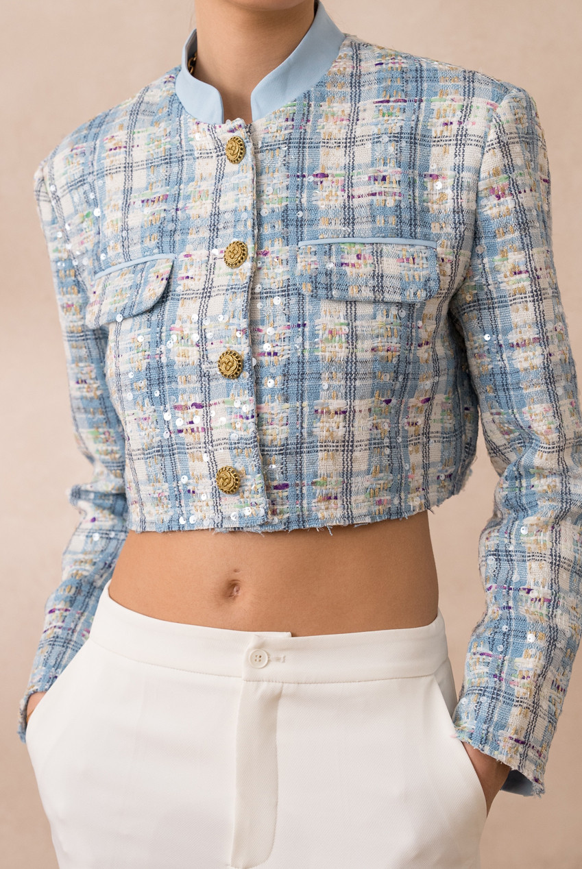 Blue Check Tweed Boxy Cropped Blazer- Buy Fashion Wholesale in The UK