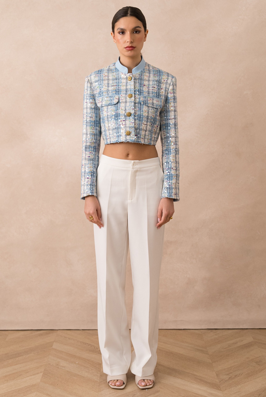 Blue Check Tweed Boxy Cropped Blazer- Buy Fashion Wholesale in The UK