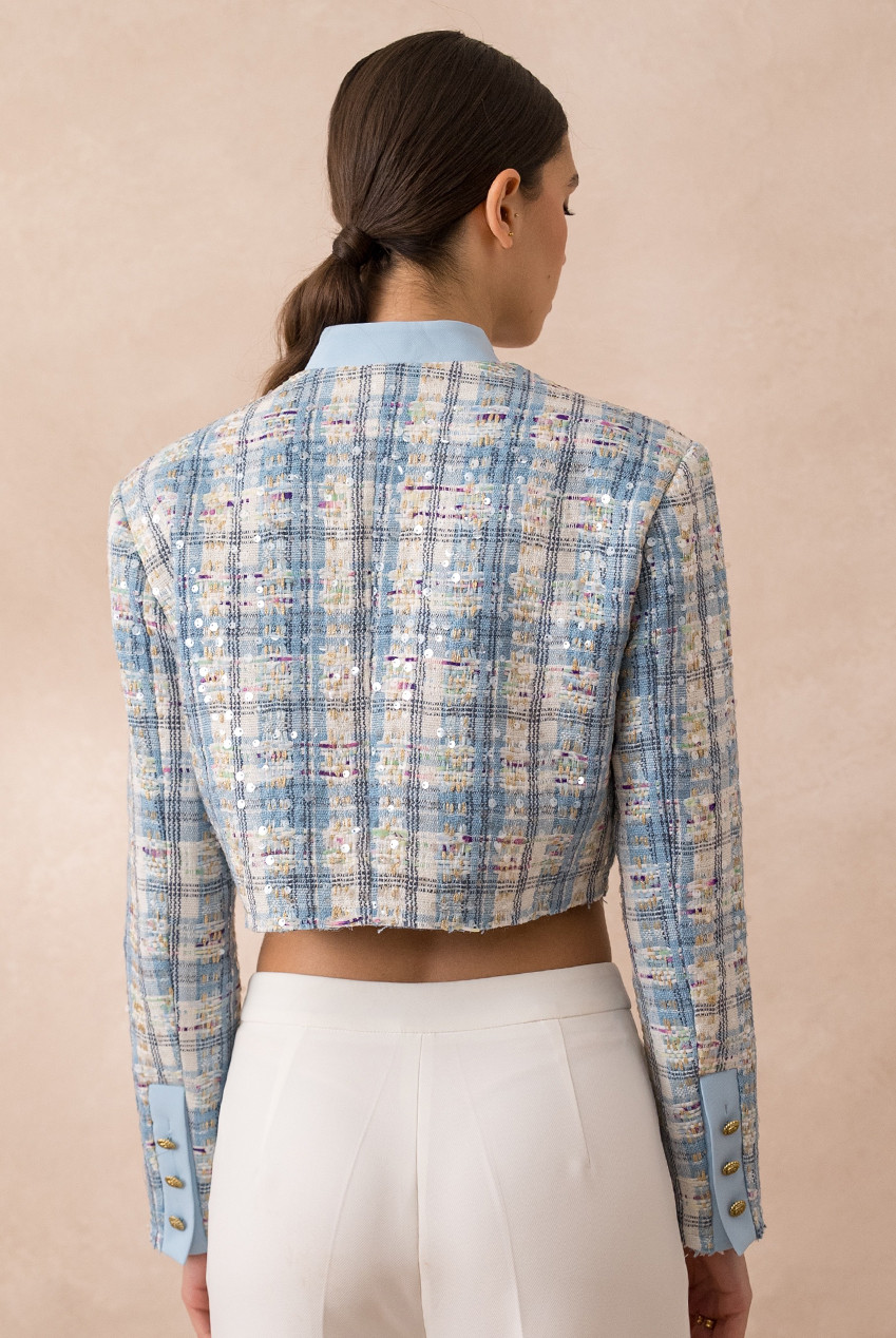 Blue Check Tweed Boxy Cropped Blazer- Buy Fashion Wholesale in The UK