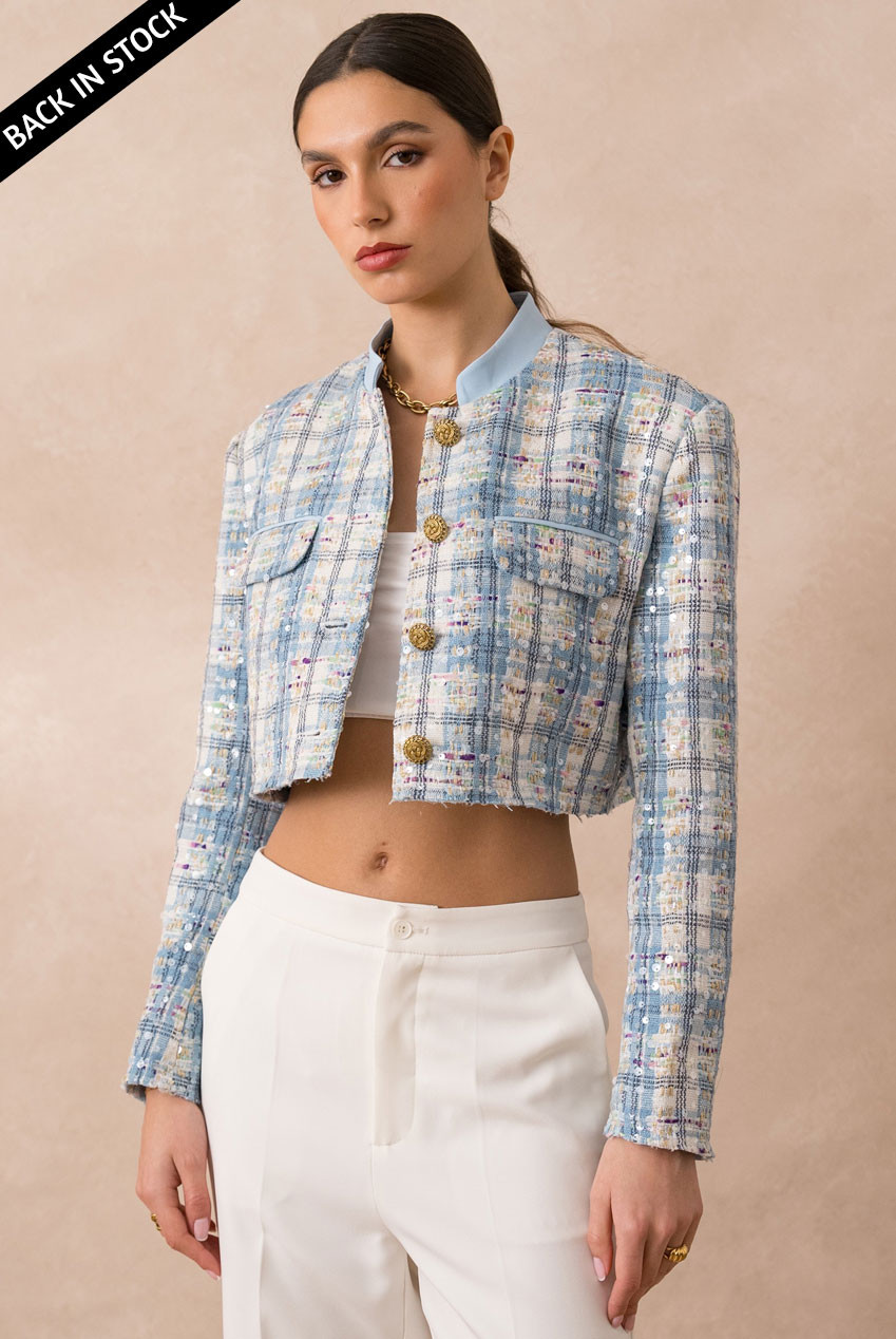 Blue Check Tweed Boxy Cropped Blazer- Buy Fashion Wholesale in The UK