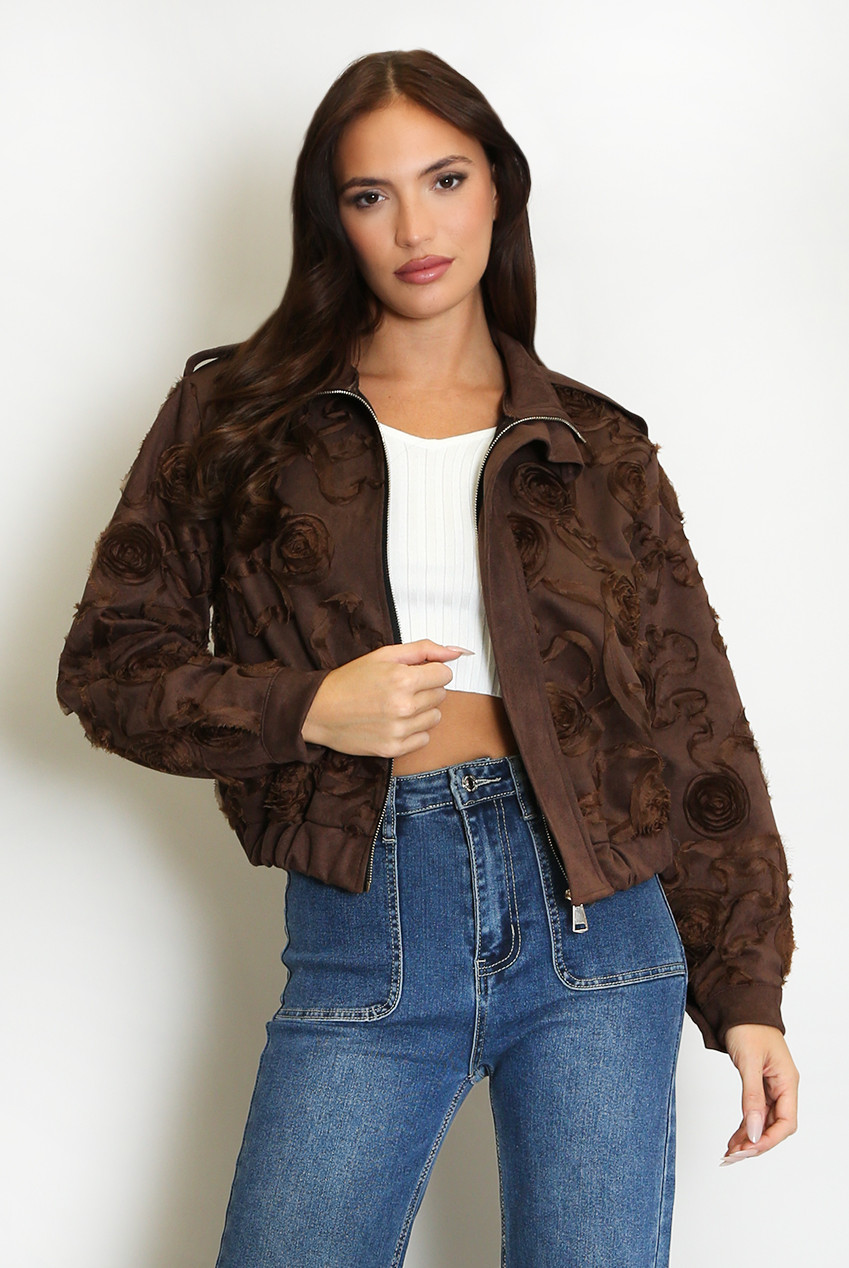 Floral Applique Faux Suede Jacket - Buy Fashion Wholesale in The UK