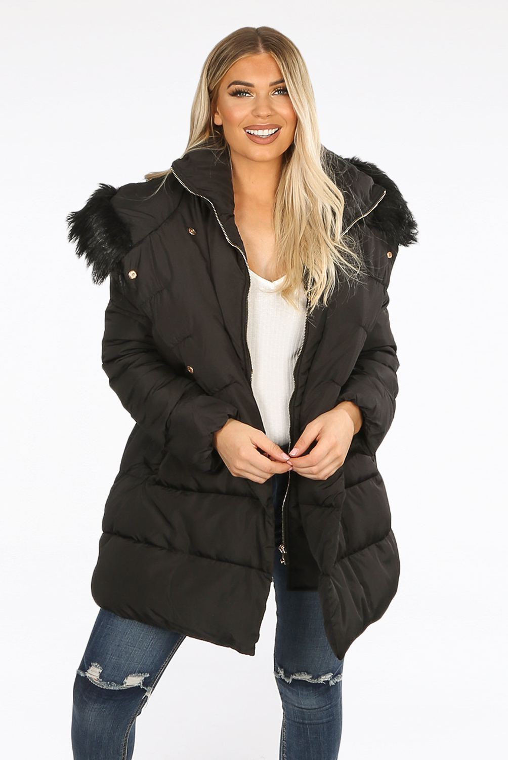 Wrap Puffer Coat with Faux Fur Hood - Buy Fashion Wholesale in The UK