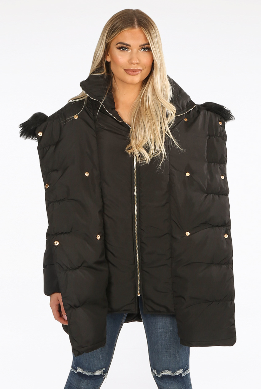Wrap Puffer Coat with Faux Fur Hood - Buy Fashion Wholesale in The UK