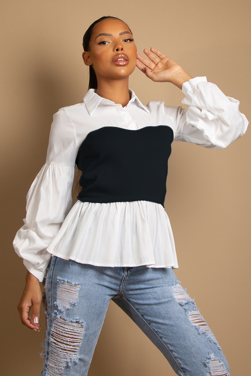 Contrast Ribbed Top With Shirt Hem - Buy Fashion Wholesale in The UK