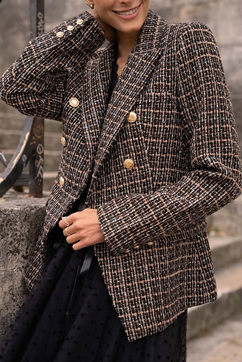 Woven Tweed Check Double Breasted Blazer- Buy Fashion Wholesale in The UK