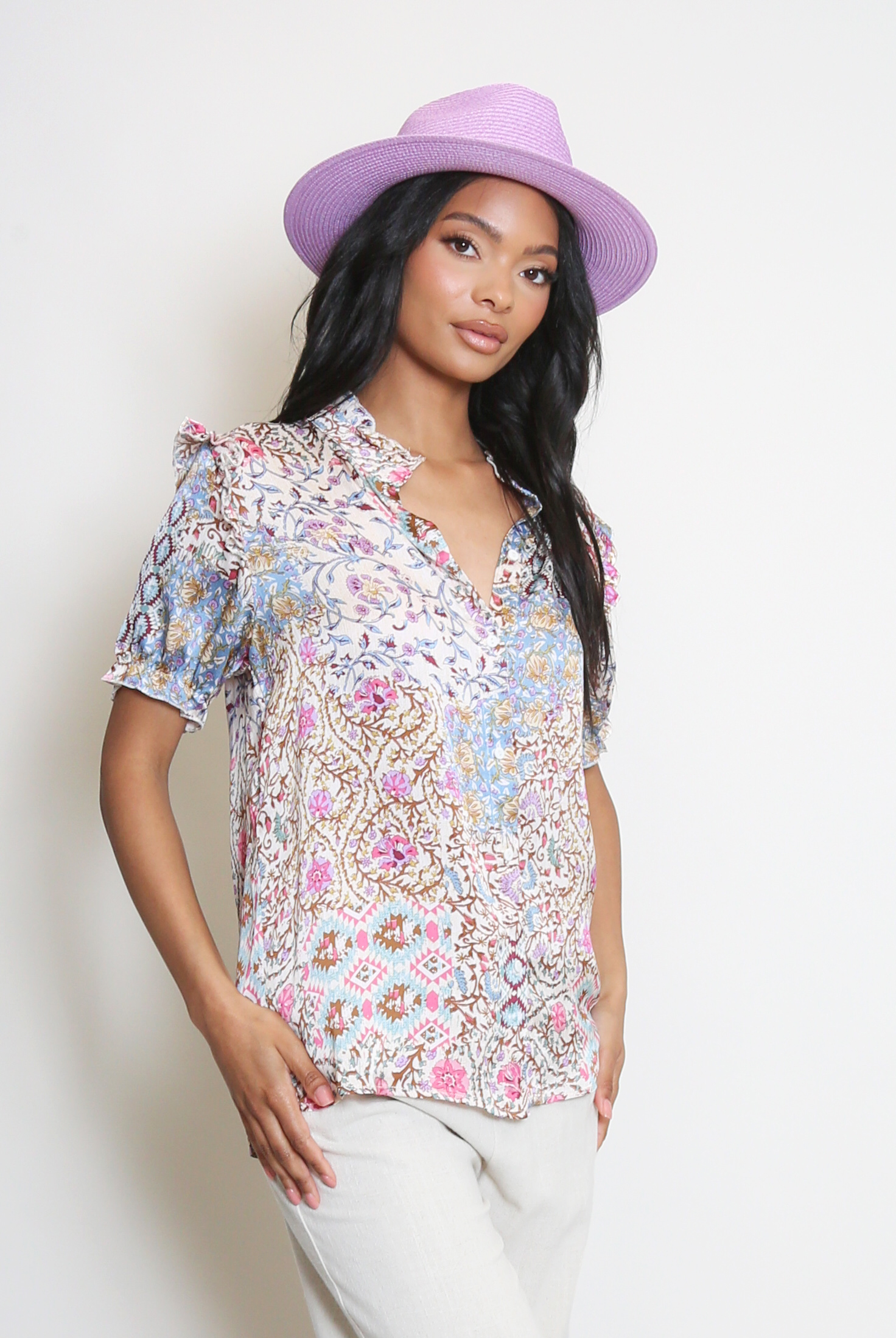 Mixed Print Collarless Blouse - Buy Fashion Wholesale in The UK