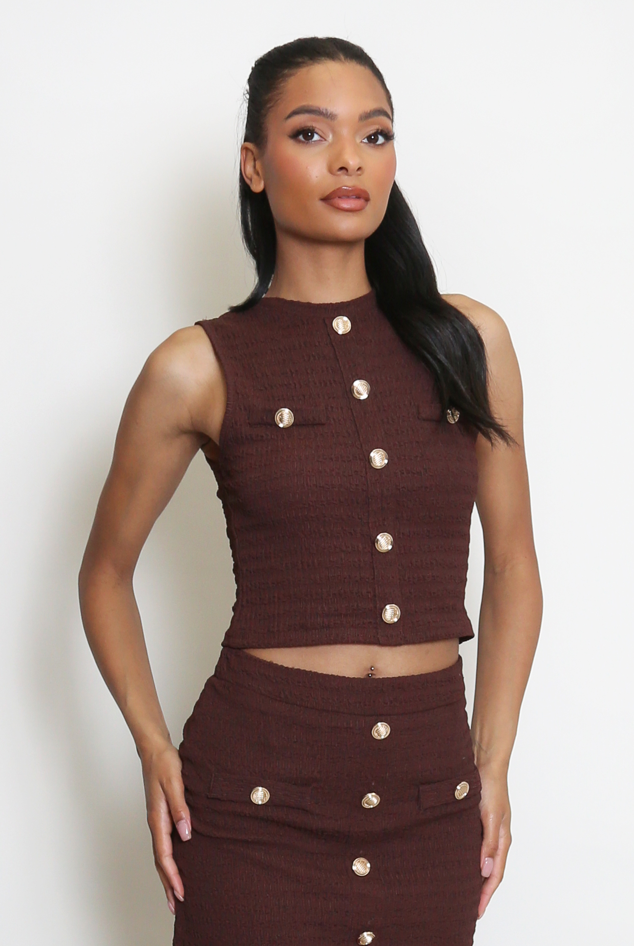 Textured Golden Buttons Crop Top - Buy Fashion Wholesale in The UK