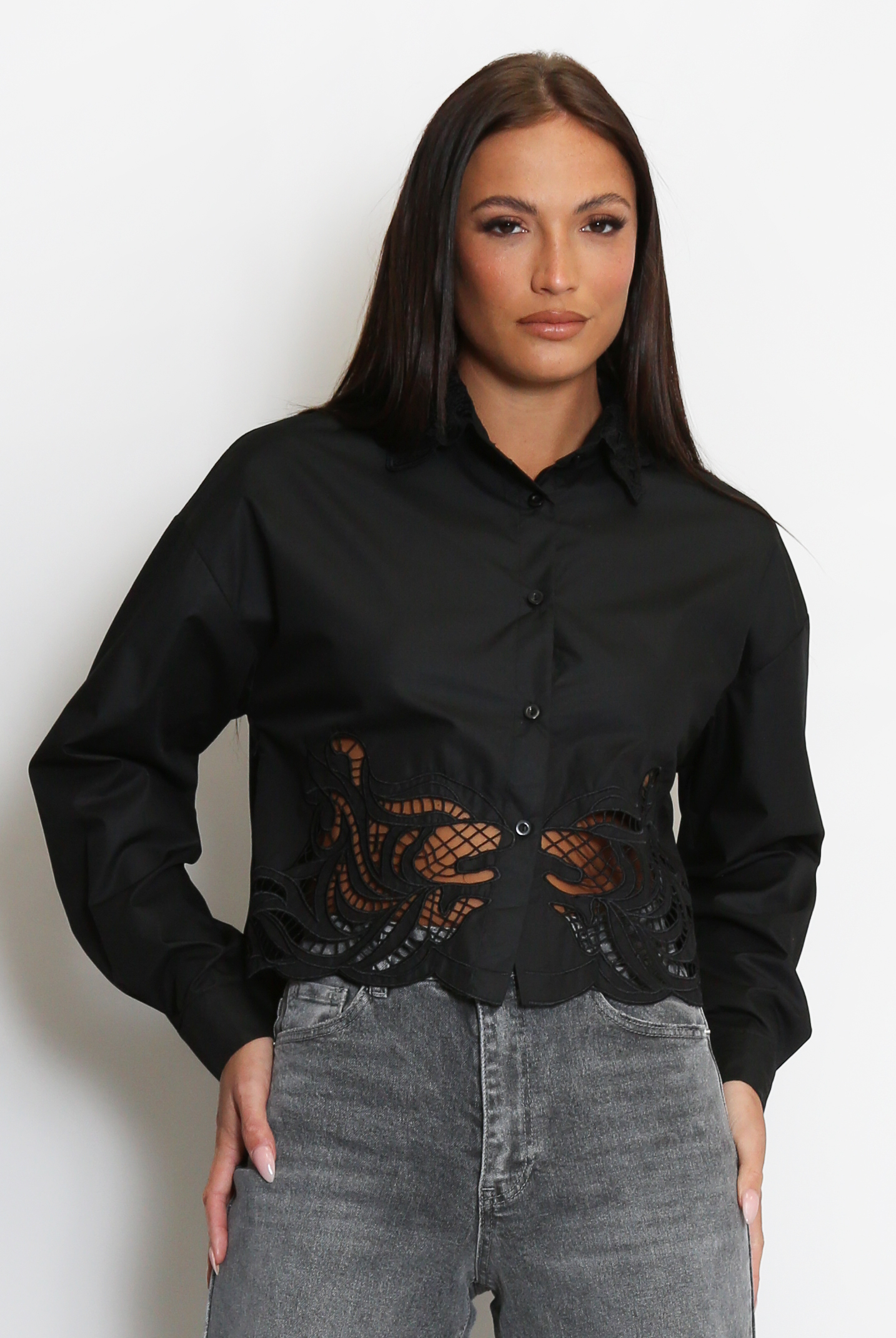 Laser Cut Hem Cropped Blouse - Buy Fashion Wholesale in The UK