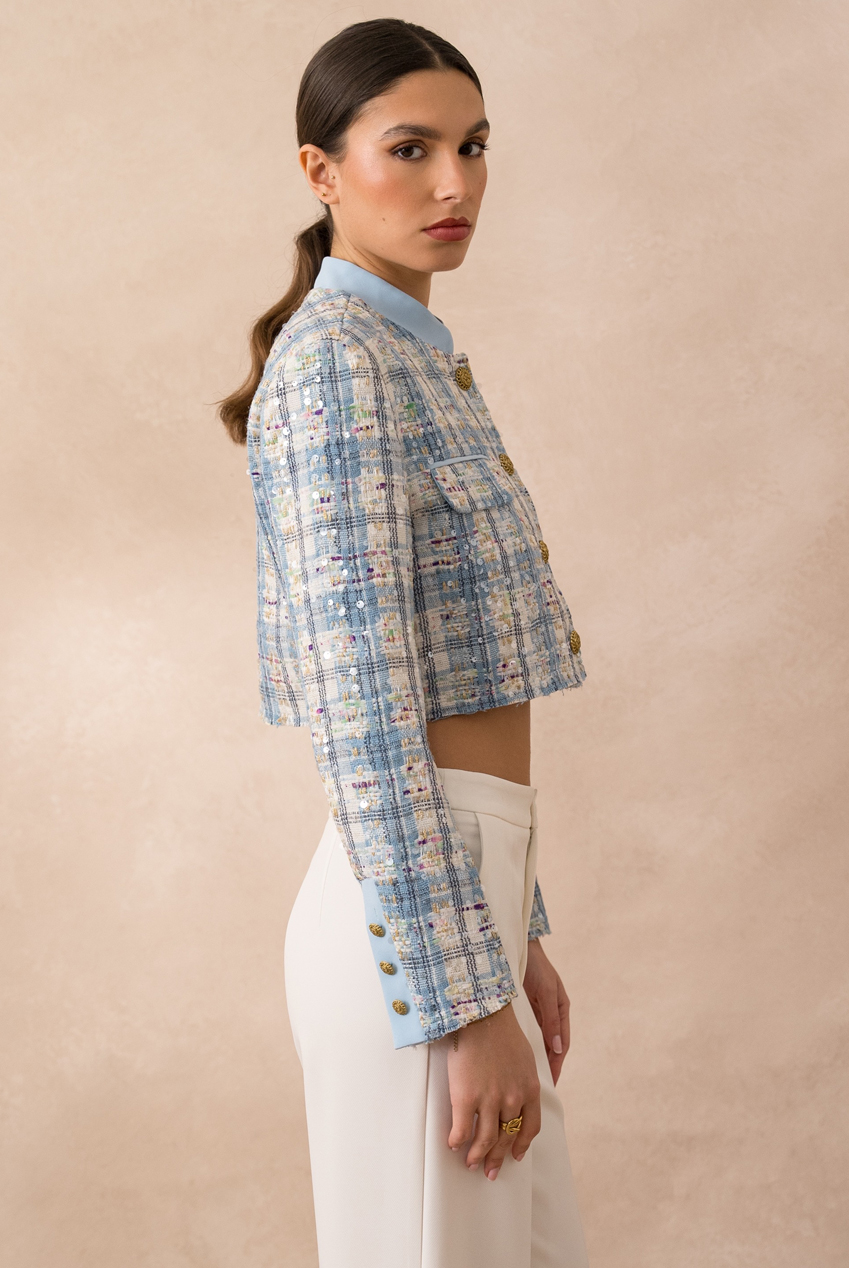 Blue Check Tweed Boxy Cropped Blazer- Buy Fashion Wholesale in The UK