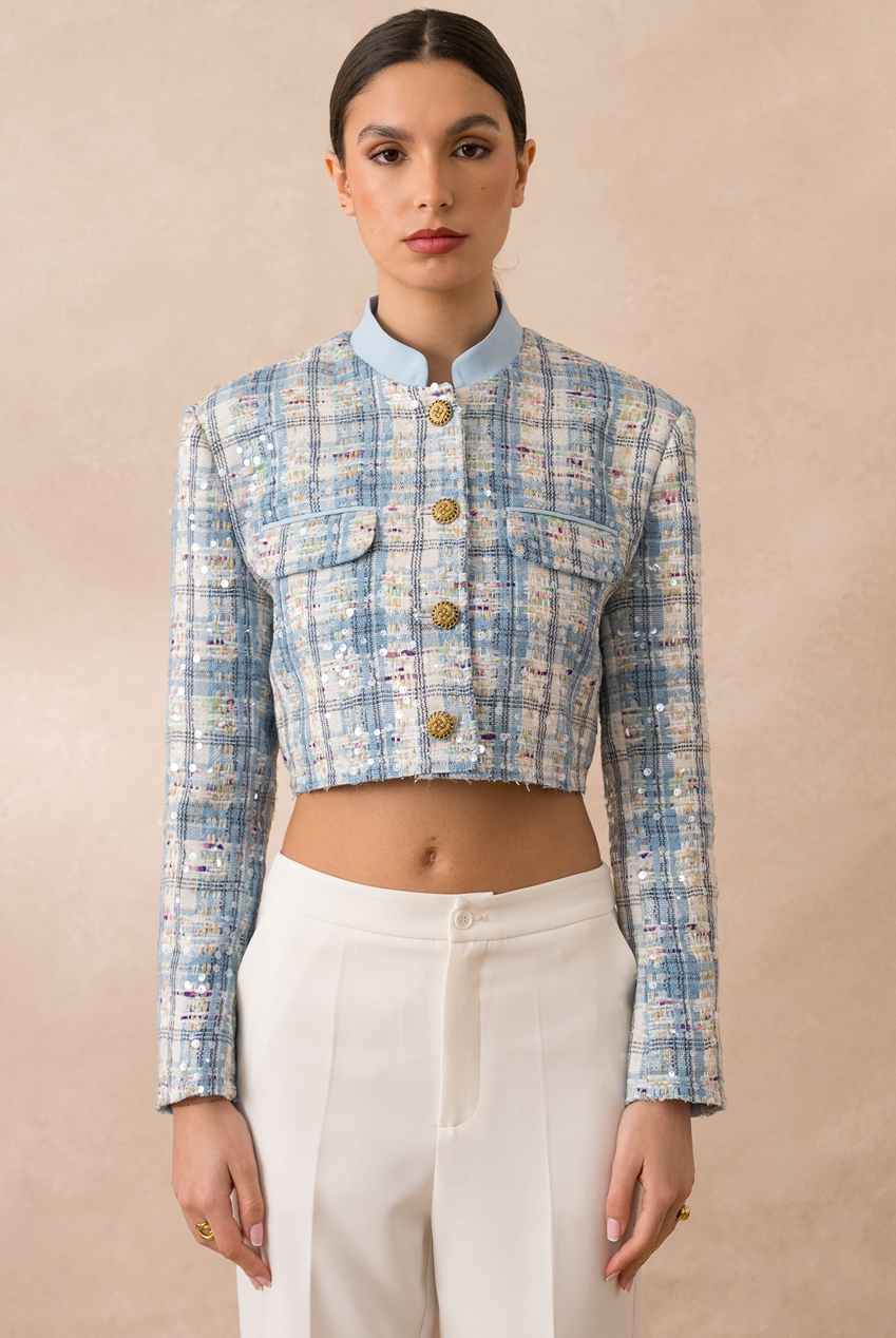 Blue Check Tweed Boxy Cropped Blazer- Buy Fashion Wholesale in The UK