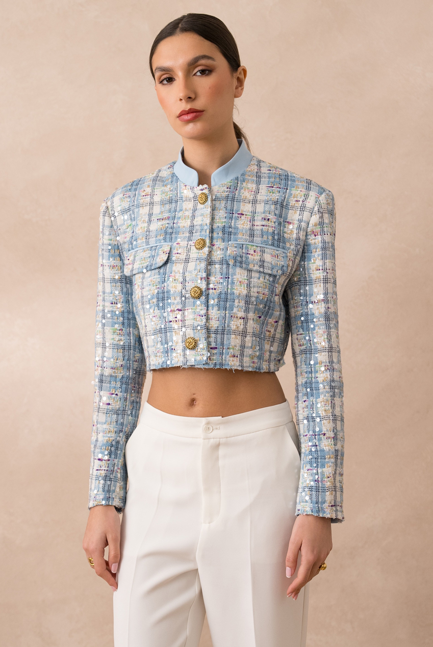 Blue Check Tweed Boxy Cropped Blazer- Buy Fashion Wholesale in The UK