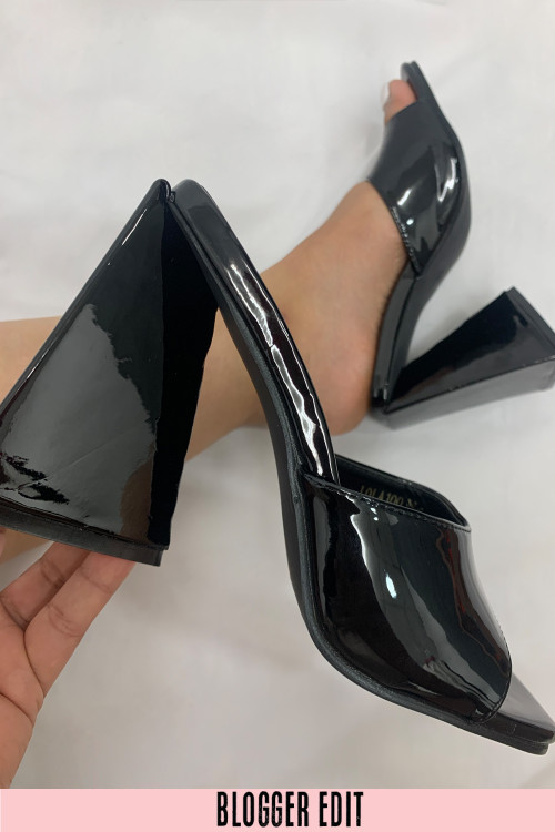Black Sculptured Flare Block Heel Mules