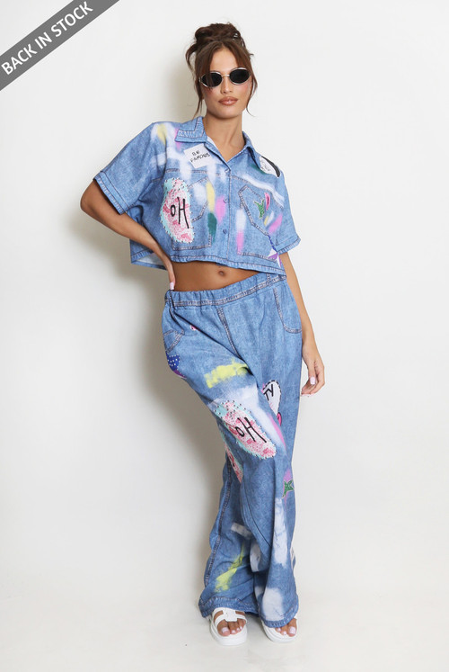 Printed Denim Blouse And Wide Leg Jeans Set - Buy Fashion Wholesale in ...