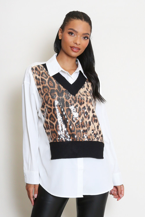 Leopard Sequin Sweater Front Shirt - Buy Fashion Wholesale in The UK
