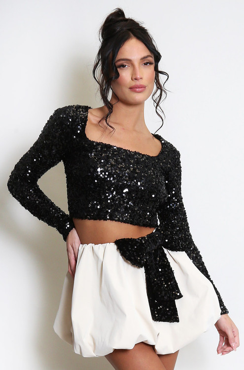 Long Sleeve Sequin Square Neck Top - Buy Fashion Wholesale in The UK