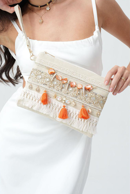 Orange Embellished Tassel Clutch Bag- Buy Fashion Wholesale in The UK