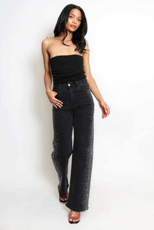 Diamante Side Embellished Wide Fit Jeans - Buy Fashion Wholesale in The UK