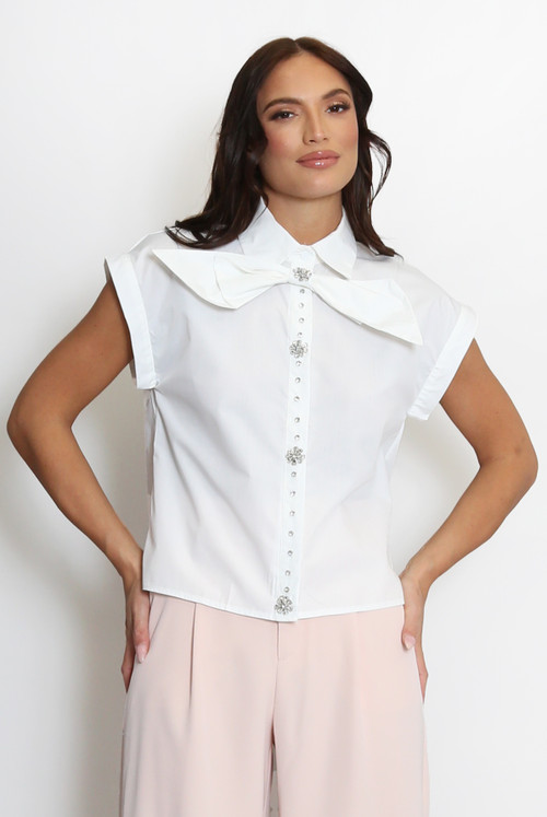 Embellished Cap Sleeve Shirt With Bow - Buy Fashion Wholesale in The UK