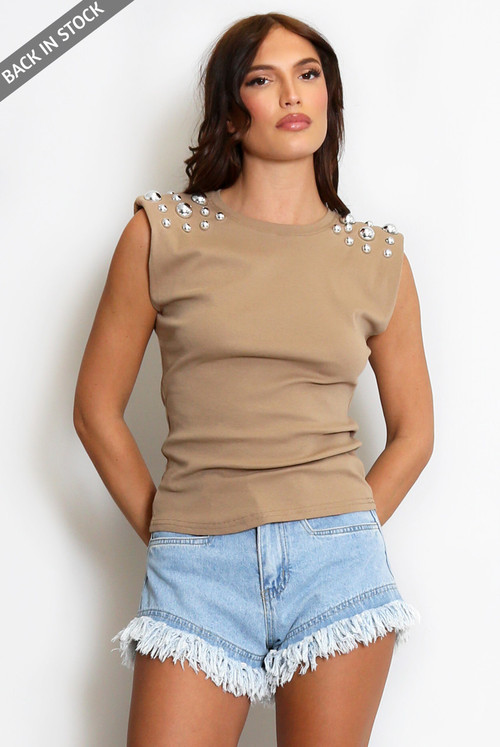 Studded Padded Shoulder Top- Buy Fashion Wholesale in The UK