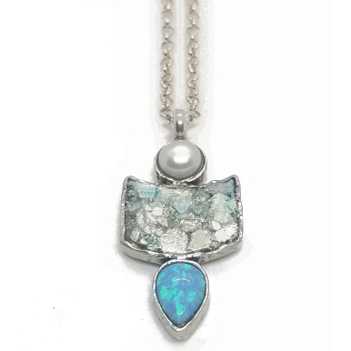 Sterling Silver Ancient Roman Glass w/Pearl and Opal Pendant
