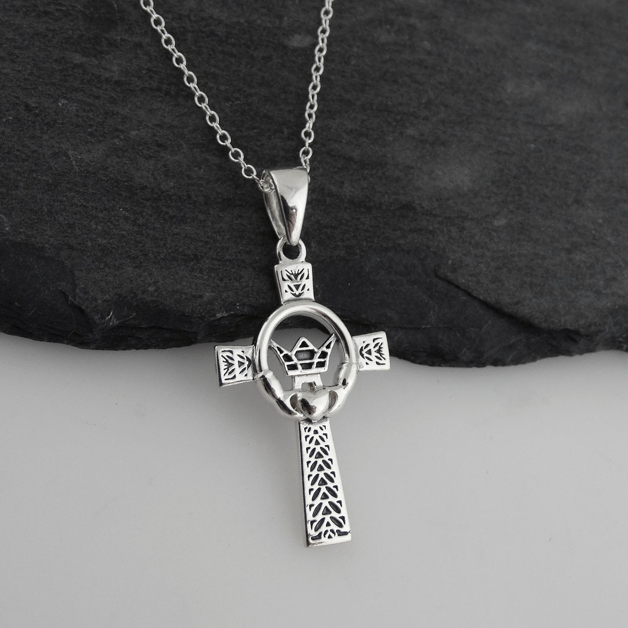 Textured Irish Claddagh Cross Necklace - 925 Sterling Silver ...
