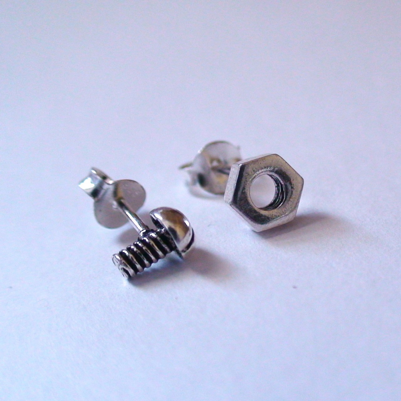 Nut and Bolt Earrings - Sterling Silver Post Earrings