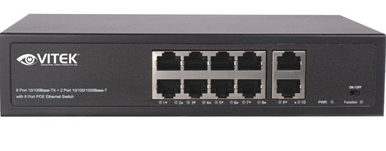 Vitek VT-8P120A 10 Port Compact Switch with 8 PoE Ports, Rack Ears Included