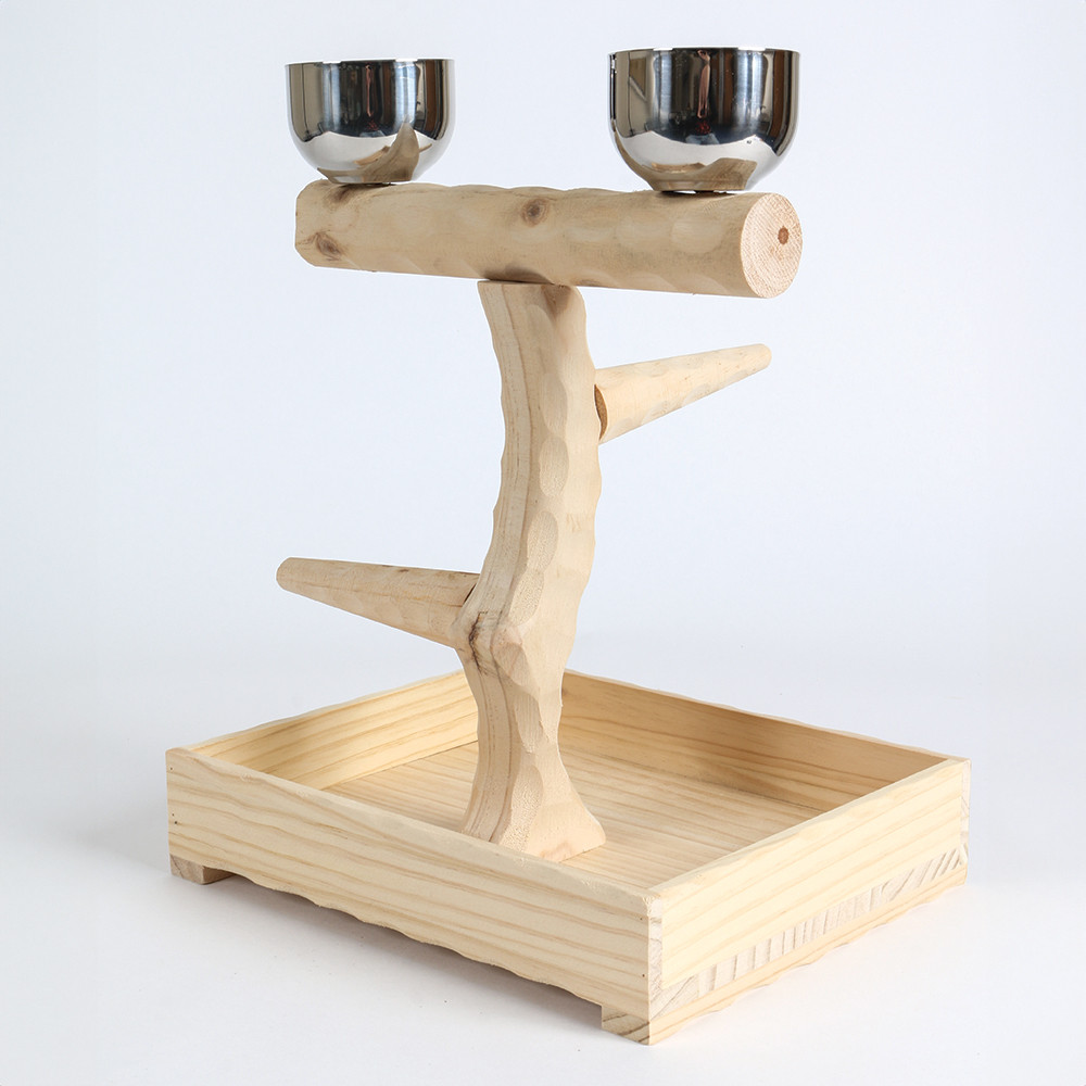 Small Table Top Wood Parrot Stand with Feeding Bowls - Northern Parrots