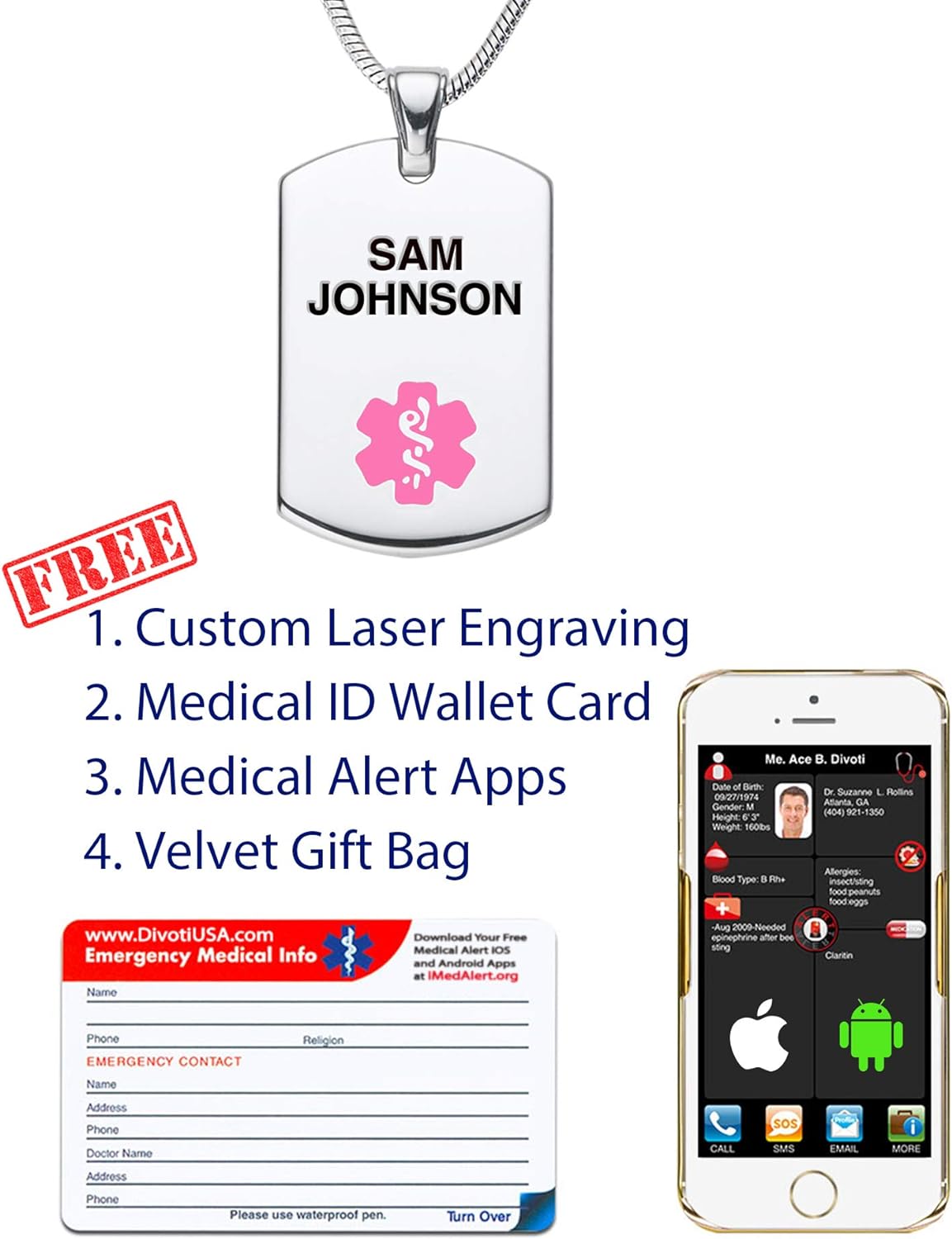 Polished Tag Medical ID Necklace - Free Engraving