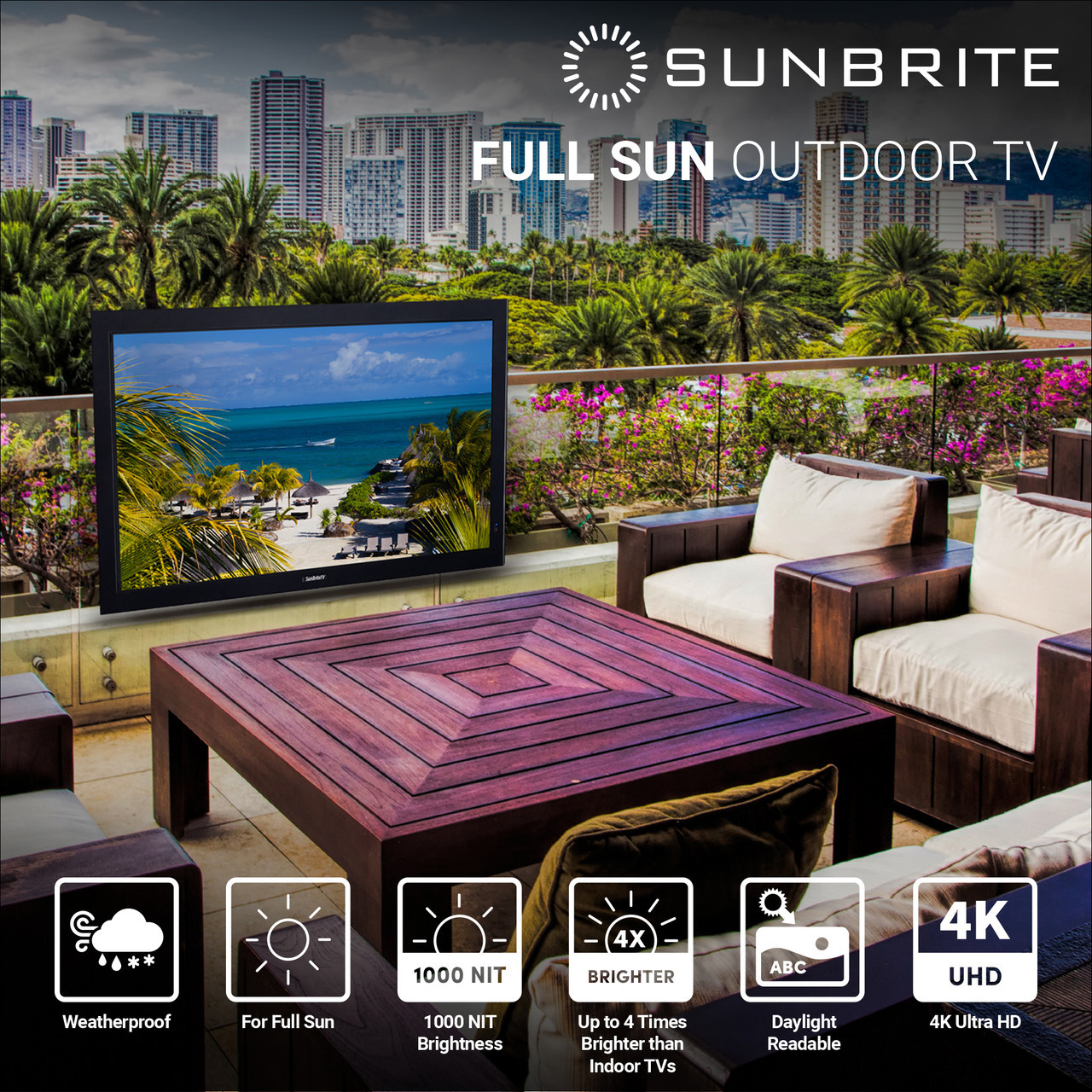 Sunbrite SB-P2-65-4K-BL 65" 4K Ultra HD Full Sun Outdoor TV, 1000 Nits ...