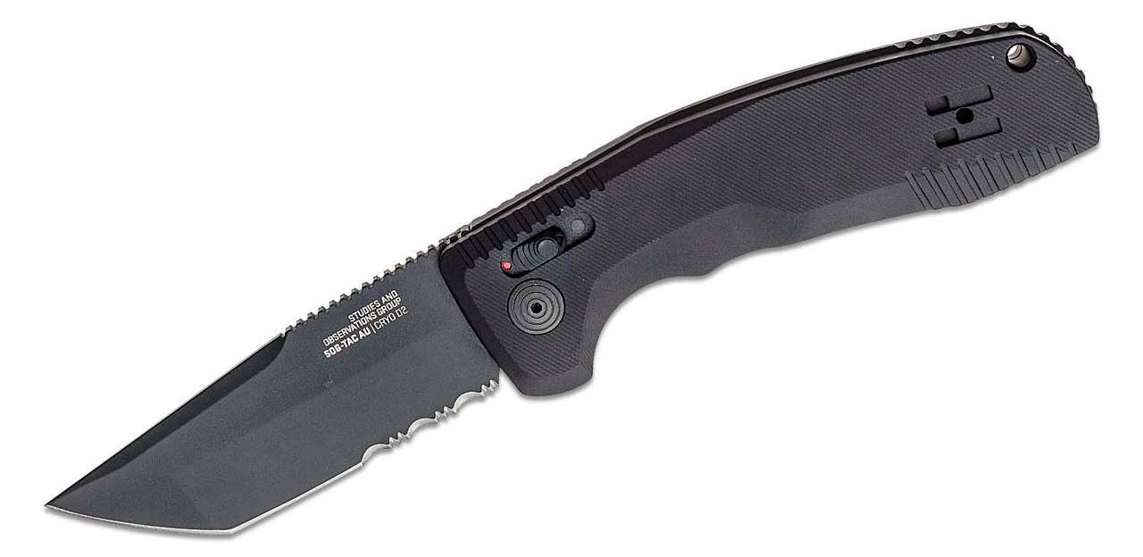 SOG SOG-TAC Automatic Folding Knife 3.4" Plain/Serrated D2 Tanto Blade ...
