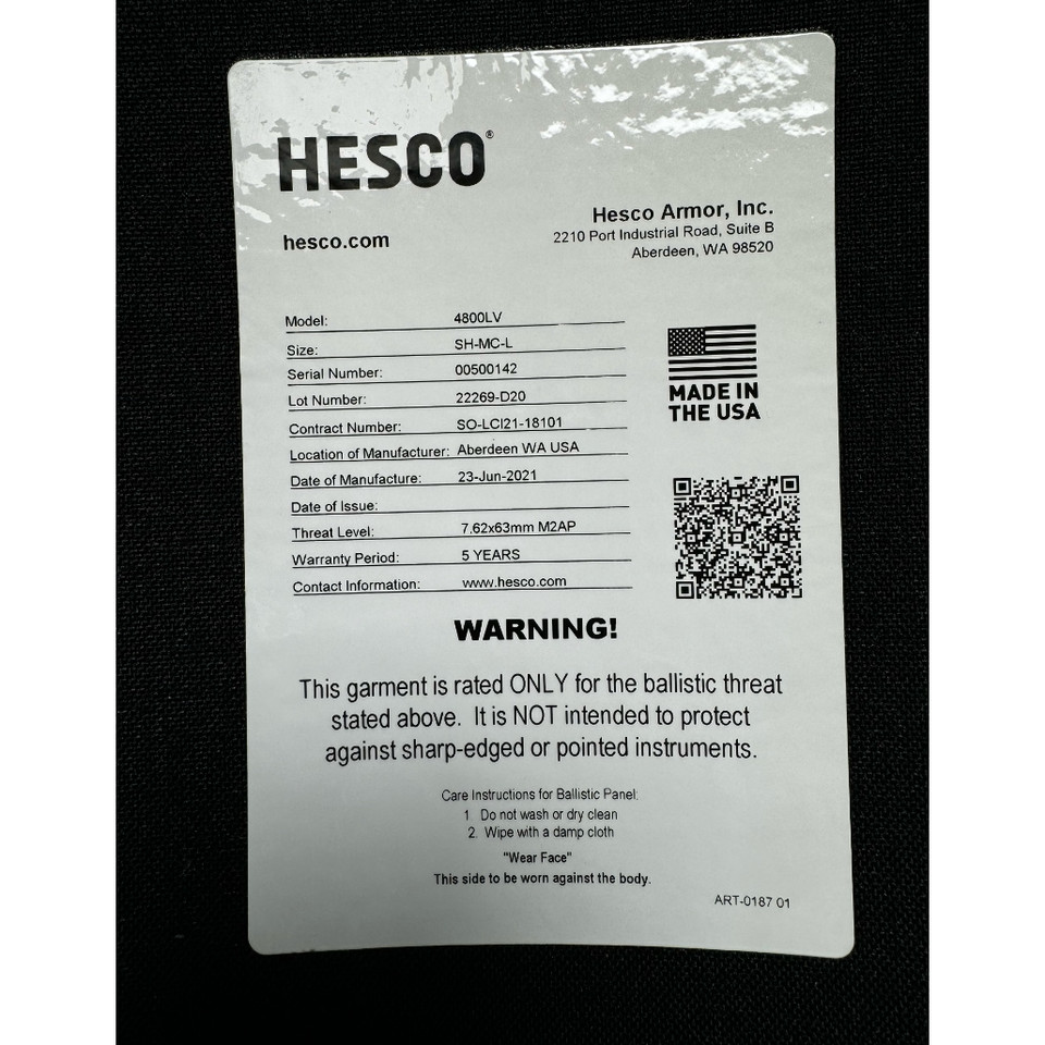 Hesco 4800LV Shooter Cut Multi Curve Plate 10x12, Never Issued MADE IN ...
