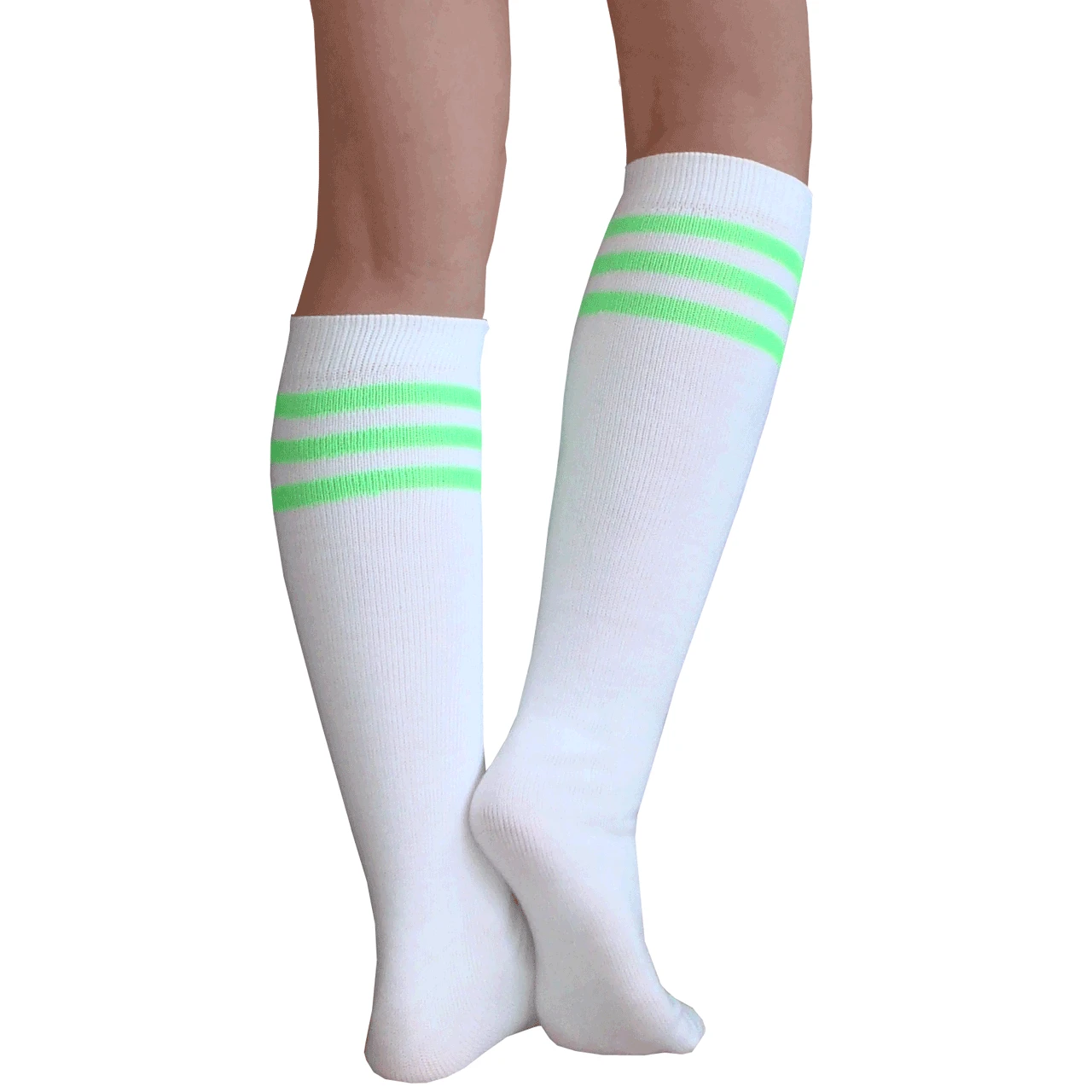 White Tube Knee Socks with Green Stripes