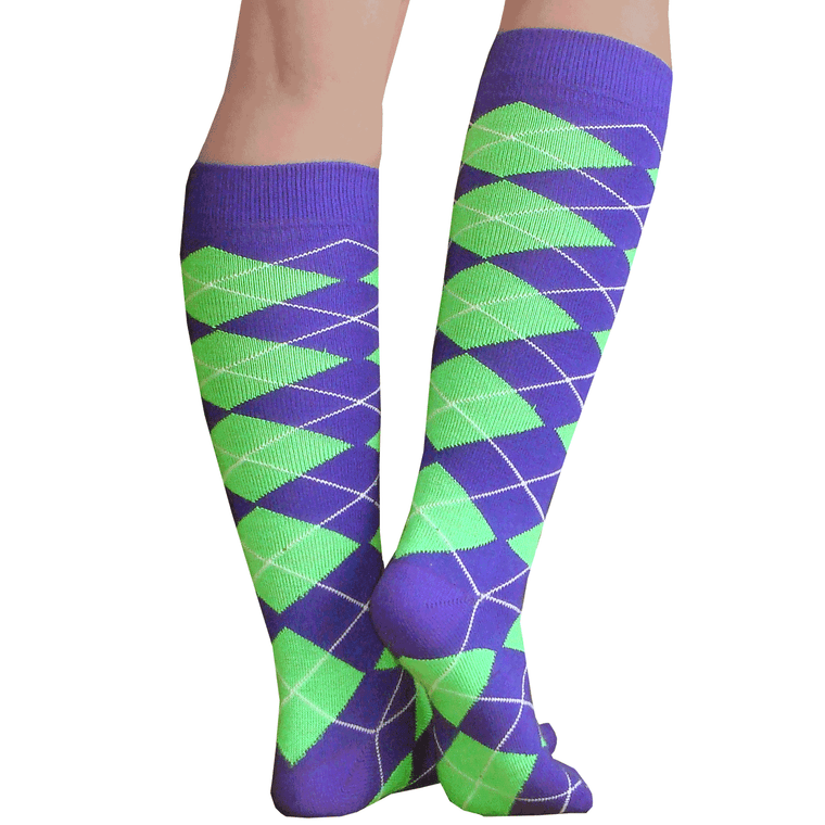Purple/Neon Green Argyle Knee High Socks