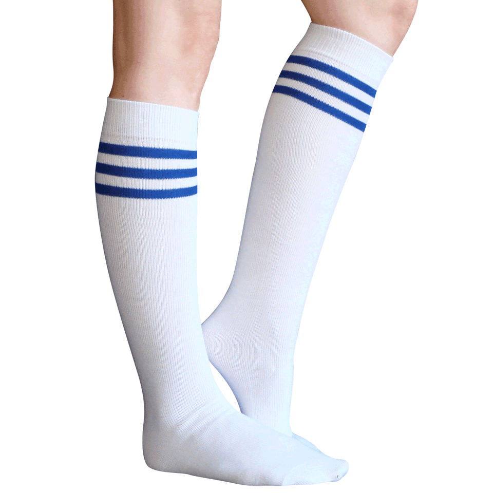 Striped White/Royal Blue Knee High Socks