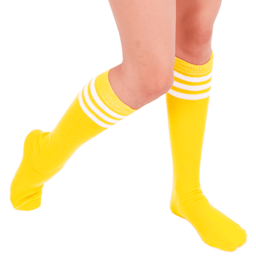 Yellow Tube Knee High Socks with White Stripes