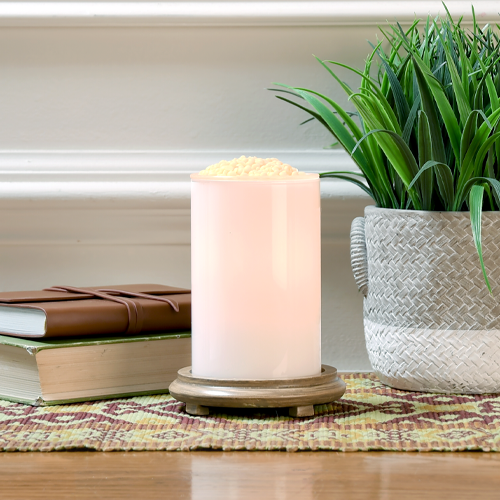 Glossy White Simmering Light with Wood Grain Base - Pink Zebra Home