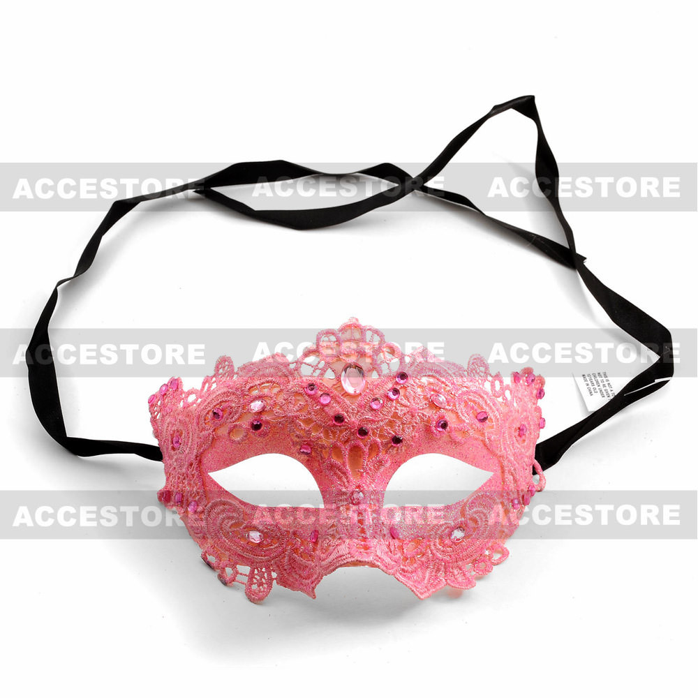 Lace Masquerade Mask Venetian Brocade Pink Crystals-Pink