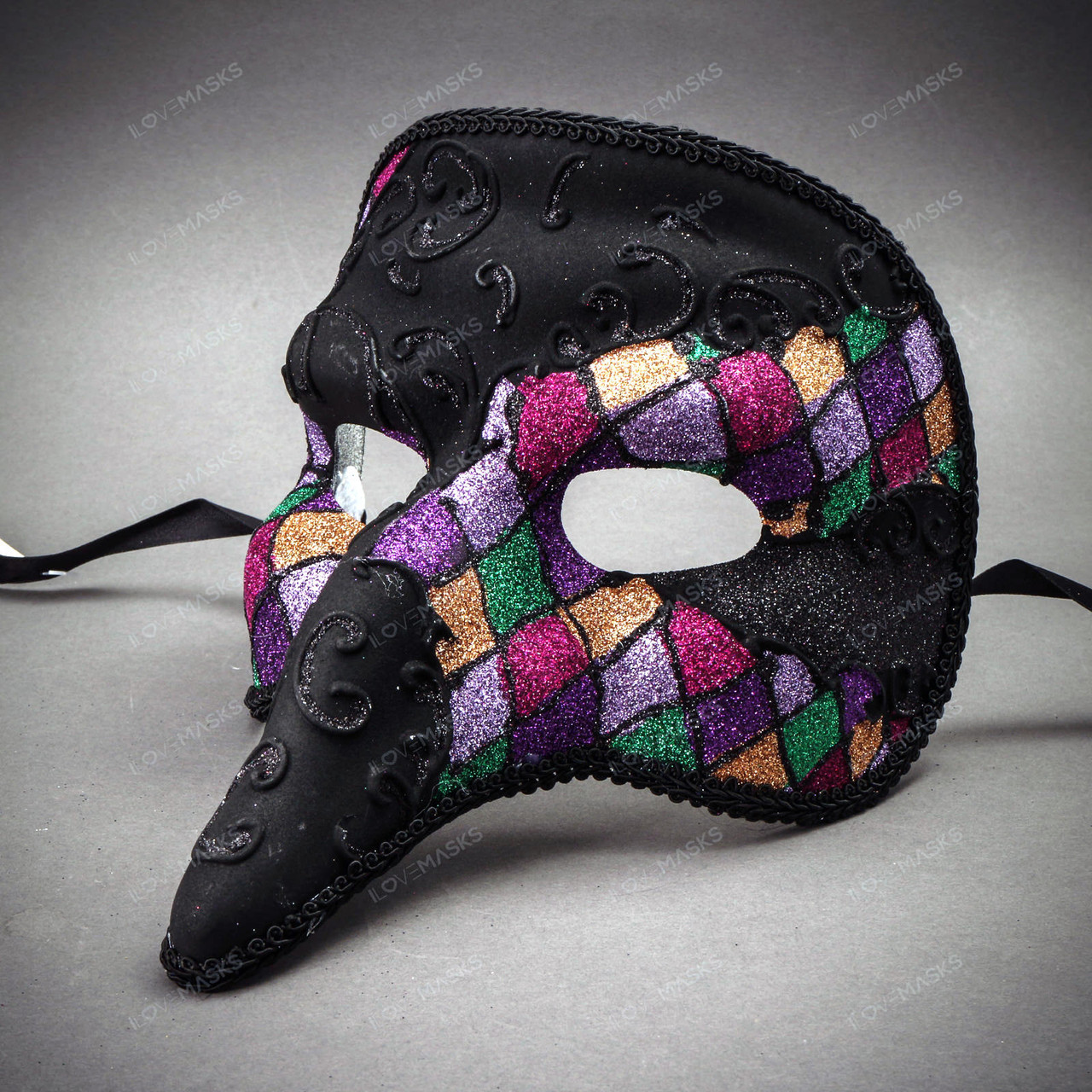 Glitter Swan Masquerade Venetian Men Nose Mask-Black Rainbow