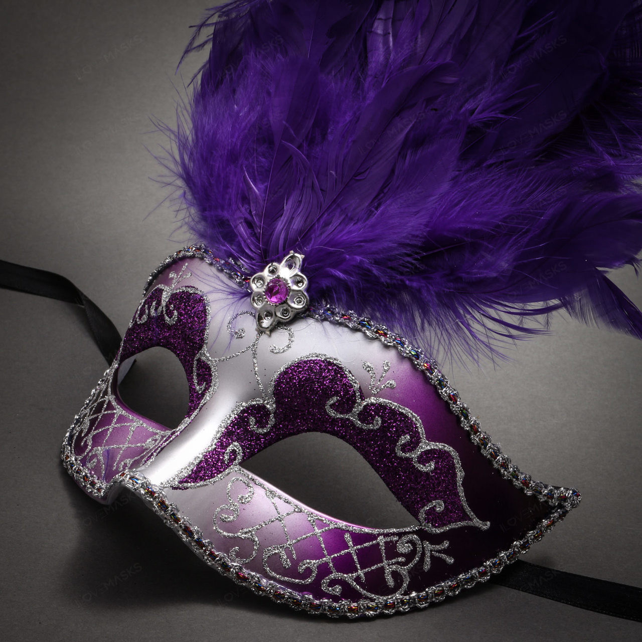 Venetian Glitter Crystal Masquerade Party Mask with Feather - Silver Purple