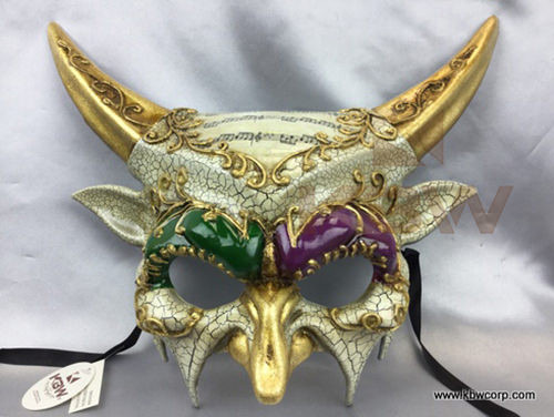 Demon Masquerade Devil Metallic Mask With Gold Horns - White Gold