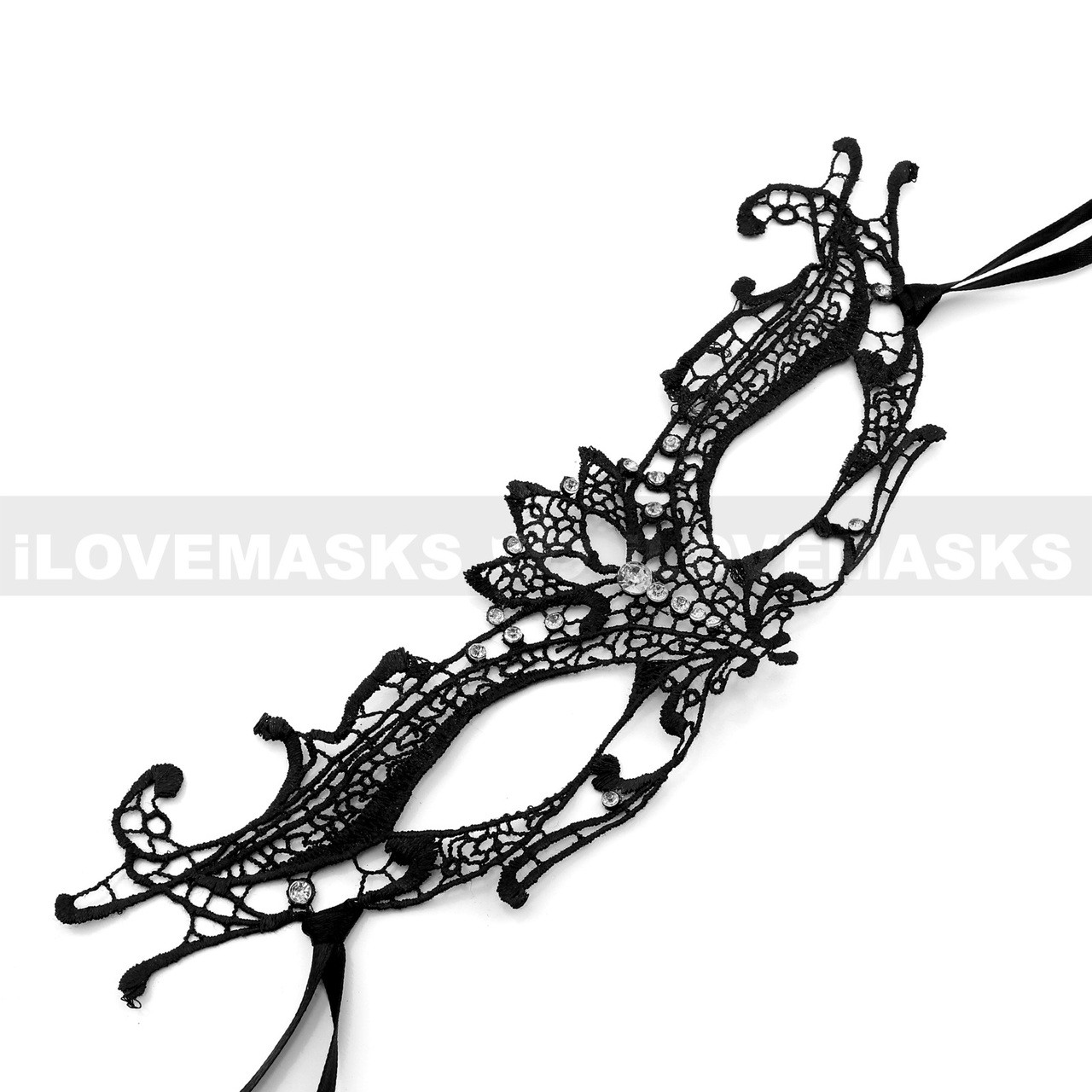 Brocade Lace Masquerade Eye Mask with Rhinestones - Black
