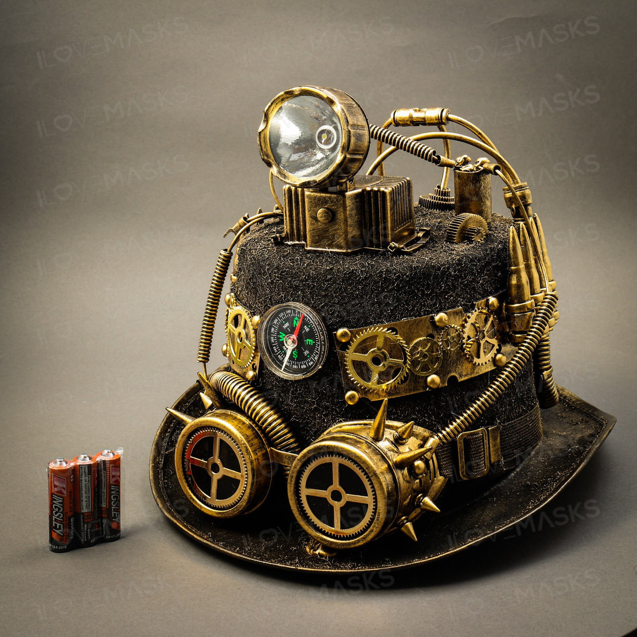 Steampunk Mad Scienist Time Traveler Top Hat with Light - Antique Gold